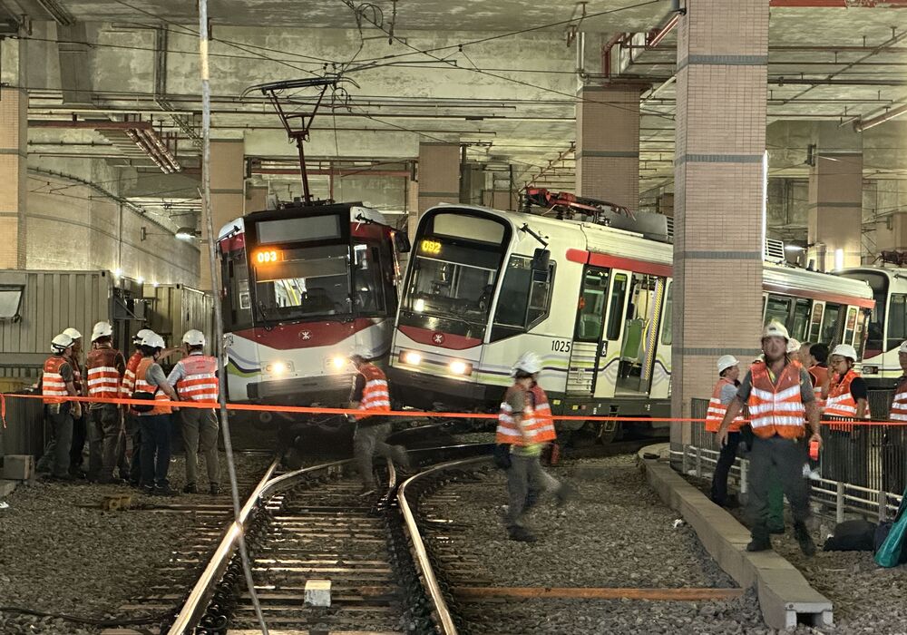 Three hurt as light rail trains collide at Yuen Long station