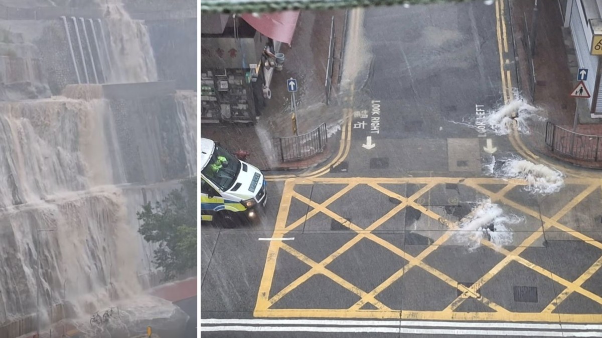 (Video) 'Waterfall' torrents and sewer surge flood Shau Kei Wan and Sai ...
