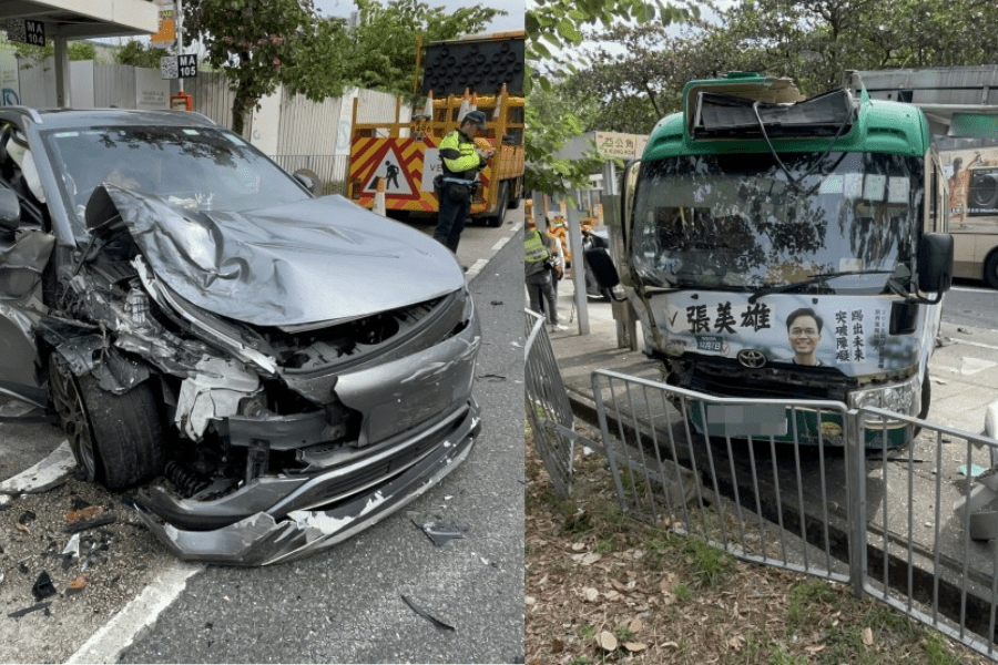 Head-on collision in Sha Tin sends minibus onto pavement, 7 injured