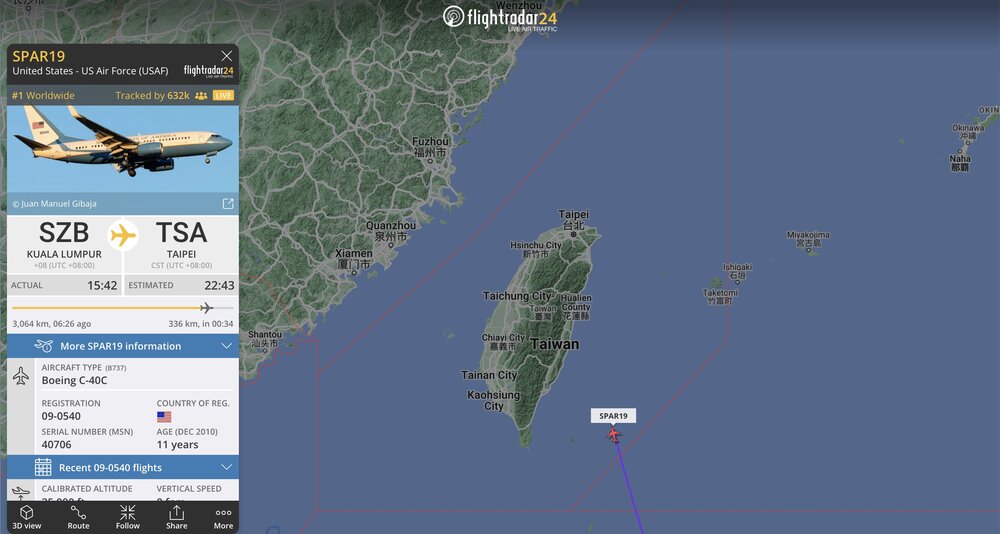 Flight tracker indicates Taipei as the destination for Pelosi's flight