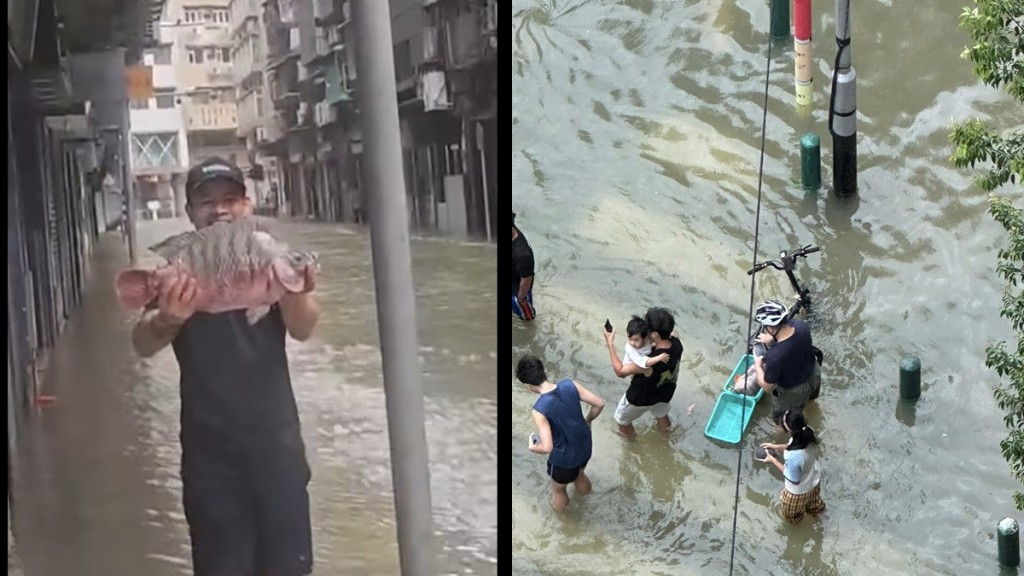 Macau residents go fishing on flooded streets as Ragasa submerges city